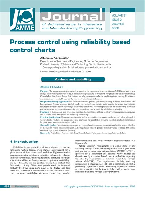 Pdf Process Control Using Reliability Based Control Charts