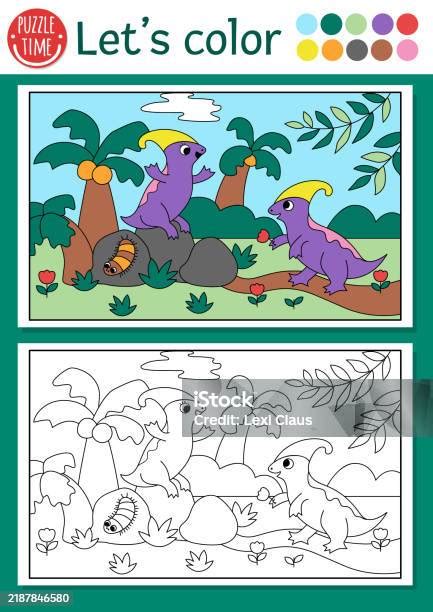 Parasaurolophus 커플과 함께 아이들을 위한 공룡 색칠 공부 페이지 선사 시대 풍경과 함께 벡터 윤곽선 그림 색깔이