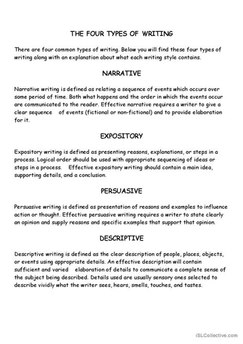Four Types Of Writing English Esl Worksheets Pdf And Doc