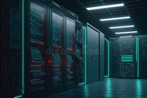 database server racks room with big data computer center green light