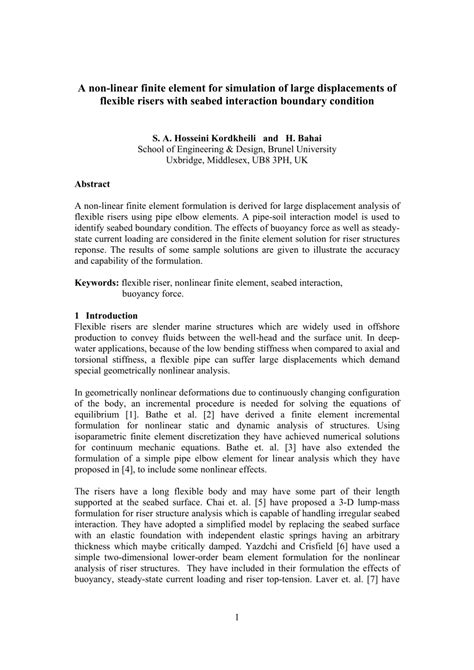 Pdf Non Linear Finite Element Static Analysis Of Flexible Risers With