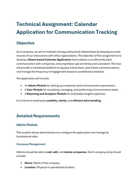technical assignment calendar application for communication tracking