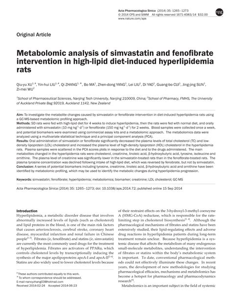 Pdf Metabolomic Analysis Of Simvastatin And Fenofibrate Intervention In High Lipid Diet