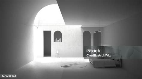 총 흰색 프로젝트 초안 고전적인 콘크리트 내부 공간 벽에 그림자를 캐스팅 태양 빛 침대와 둥근 카펫 침실 기하학적 구조 디자인 램프와 의자 0명에 대한 스톡 사진 및 기타