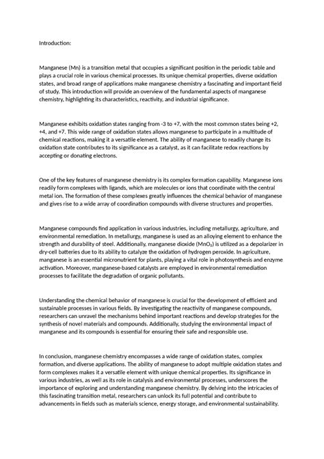 Inorganic Chemistry Manganese Chemistry Lab Reports Chemistry Docsity