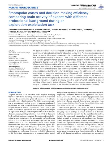 Pdf Frontopolar Cortex And Decision Making Efficiency Comparing Brain Activity Of Experts