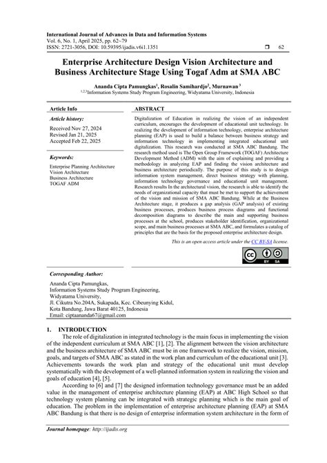 Pdf Enterprise Architecture Design Vision Architecture And Business Architecture Stage Using