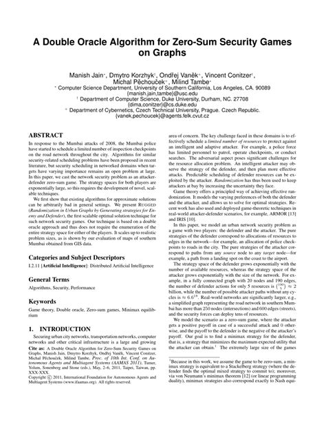 Pdf A Double Oracle Algorithm For Zero Sum Security Games On Graphs
