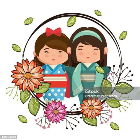 Kecil Jepang Pasangan Gadis Kawaii Dengan Karakter Bunga Ilustrasi Stok