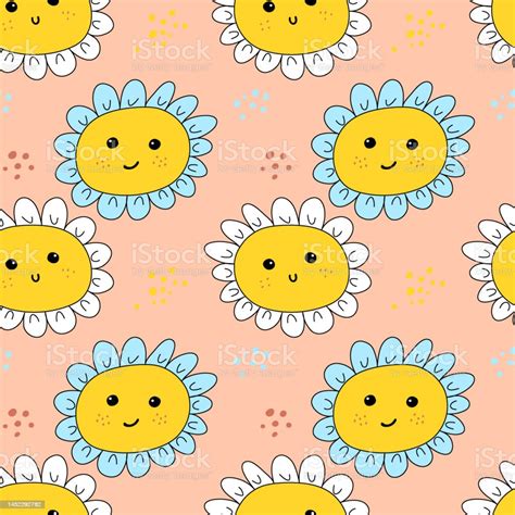 아이 물건 디자인 포장지를 위한 얼굴을 가진 귀여운 데이지 꽃 만화 카모마일 꽃은 분홍색 배경에 완벽 한 패턴입니다 얼굴을 가진 귀여운 데이지 캐릭터 벡터 그림 배경 주제에