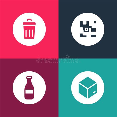 Set Pop Art Carton Cardboard Box Bottle Qr Code And Trash Can Icon Vector Stock Vector