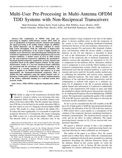 Pdf Multi User Pre Processing In Multi Antenna Ofdm Tdd Systems With Non Reciprocal Transceivers