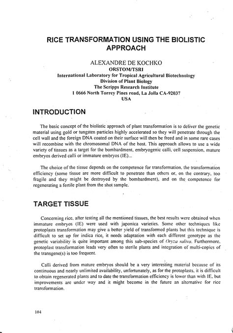 Pdf Rice Transformation Using The Biolistic Approach