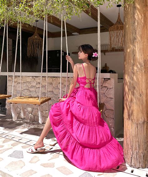 Ml 핫핑크 비치 롱원피스 Op19911f 백크로스 백리스 끈 나시 휴양지 바캉스 신혼여행 드레스 에이블리