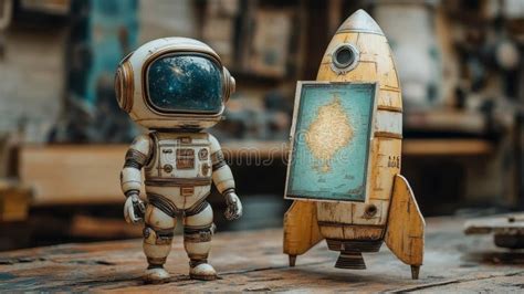 Retro Futuristic Robot Holding Map Next To A Vintage Rocket Stock