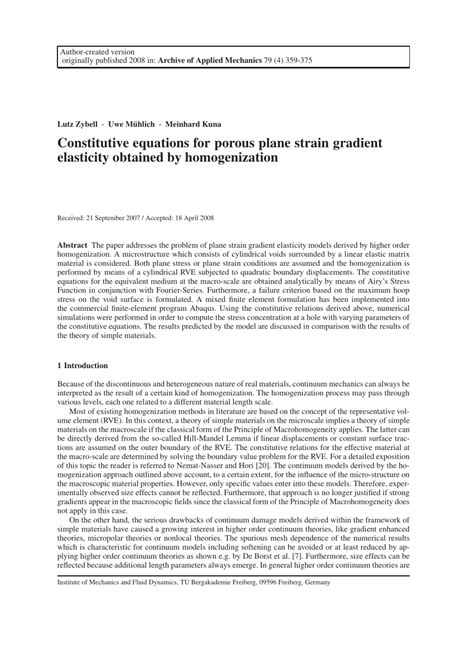Pdf Constitutive Equations For Porous Plane Strain Gradient Elasticity Obtained By Homogenization