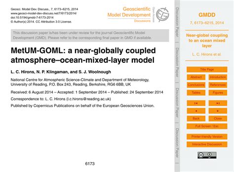 Pdf Metum Goml A Near Globally Coupled Atmosphereocean Mixed Layer Model