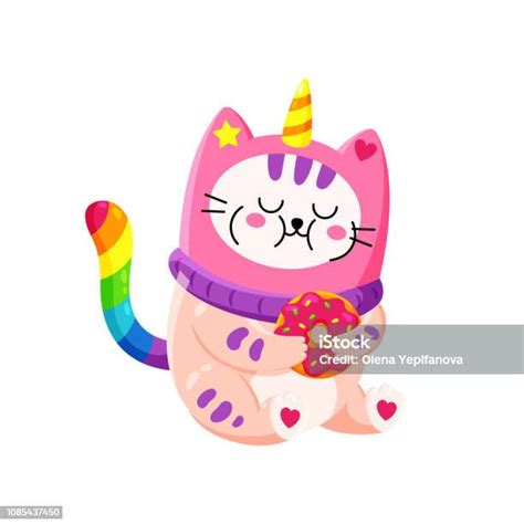 귀여운 만화 벡터 고양이 낙서 유니콘 모자에 있는 고양이 마법의 문자입니다 인사말 카드 디자인 섬유에 대 한 템플릿입니다 달콤한 도넛을 먹는 고양이 대화 풍선 문자 기호에