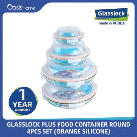 Glasslock Plus Round Food Container 4pcs Set Orange Silicone