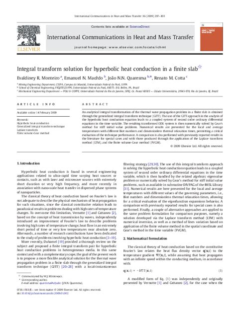 Pdf Integral Transform Solution For Hyperbolic Heat Conduction In A Finite Slab