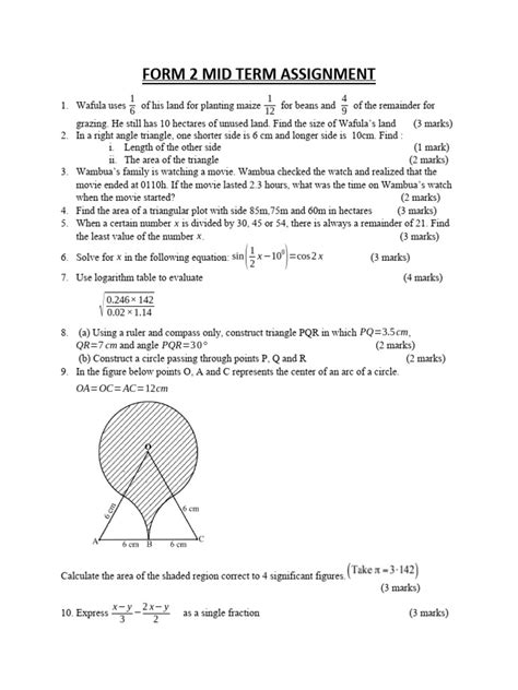 Mathematics Assignment Pdf Area Circle