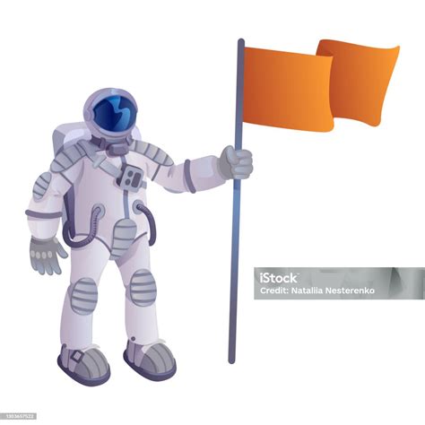 깃발 만화 벡터 일러스트와 코스모나우트 우주복을 입은 우주비행사 페넌트를 들고 있는 우주인 상업용 애니메이션 인쇄 설계에 2d 문자 템플릿을 사용할 준비가 되었습니다 고립