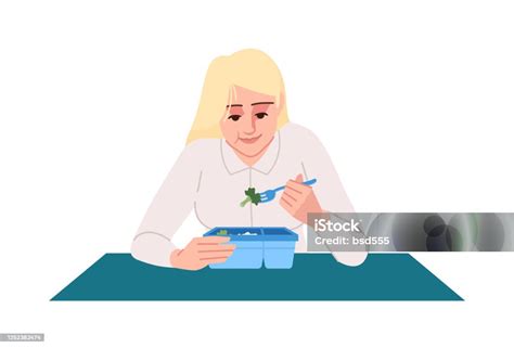 도시락 반 Rgb 컬러 벡터 일러스트에서 먹는 여성 점심 시간에 사무실 노동자 젊은 백인 소녀 즐기는 건강 한 음식 고립 된