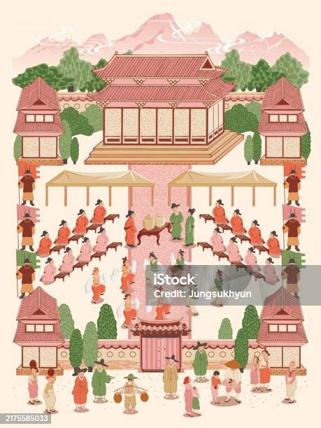 역사적인 사건을 묘사하는 한국 전통 민속 그림의 현대 벡터 일러스트 레이 션 건축에 대한 스톡 벡터 아트 및 기타 이미지 건축 과거 그래픽 프린트 Istock