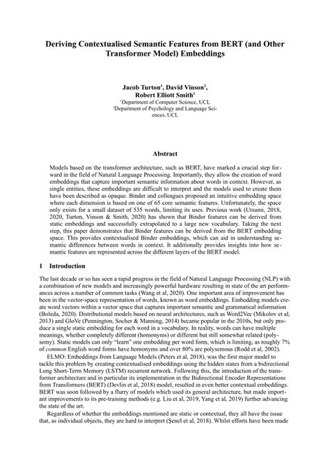 Pdf Deriving Contextualised Semantic Features From Bert And Other Transformer Model Embeddings