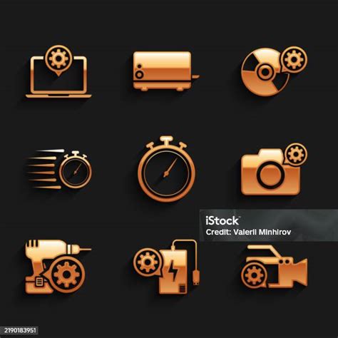스톱워치 보조 배터리 설정 비디오 카메라 사진 드릴 머신 및 아이콘을 설정합니다 벡터 검은색에 대한 스톡 벡터 아트 및 기타 이미지 Istock