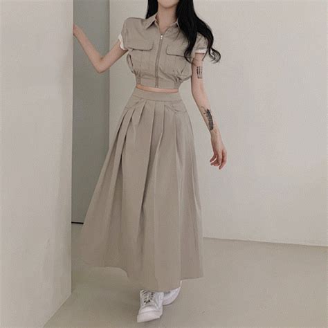 럽앤썸 코디세트 배색 셔츠 반팔 크롭 집업 플리츠 롱스커트 투피스 세트 3color