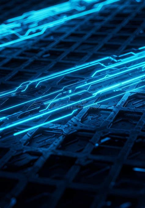 Glowing Blue Circuit Lines On Dark Grid Background Stock Illustration Illustration Of