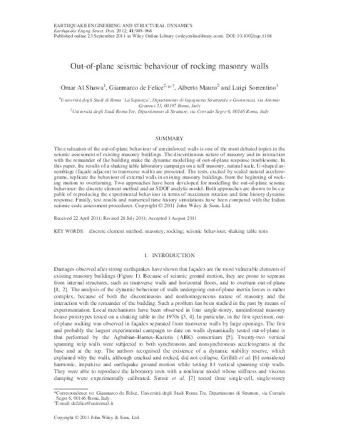 Pdf Out Of Plane Seismic Behaviour Of Rocking Masonry Walls