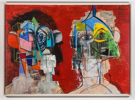 George Condo Double Heads On Red 2014 Acrylic Charcoal Pastel On