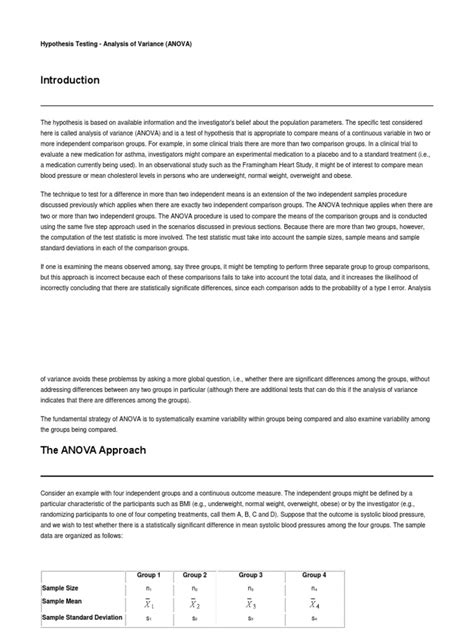 Hypothesis Testing Analysis Of Variance Anova Pdf Analysis Of