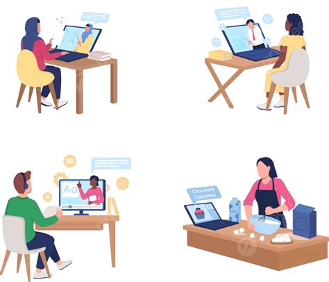 Set Of Flat Color Vector Faceless Characters Watching Online Tutorials