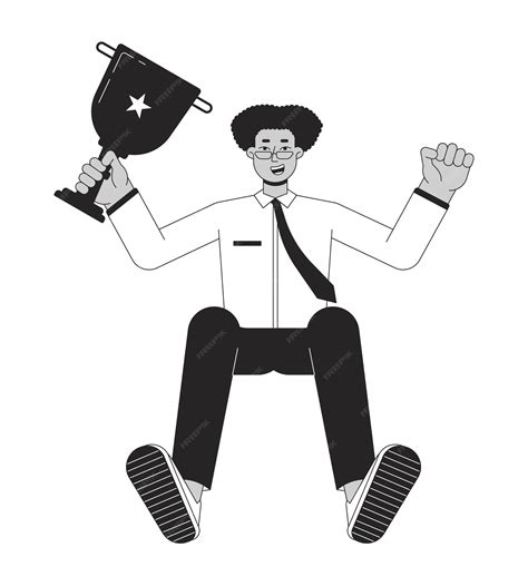 트로피 컵 플랫 라인 검정 흰색 벡터 문자를 들고 있는 흥분한 히스패닉 직원 프리미엄 벡터