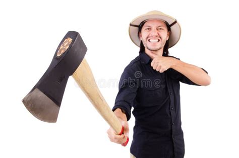 The Man With Axe Isolated On White Stock Image Image Of Isolated Recreation