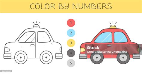 자동차로 아이들을위한 숫자 색칠 공부 책으로 색칠하십시오 색칠하기 위한 예제가 있는 귀여운 만화 자동차가 있는 색칠 공부 페이지 흑백 및 컬러 버전 0명에 대한 스톡 벡터