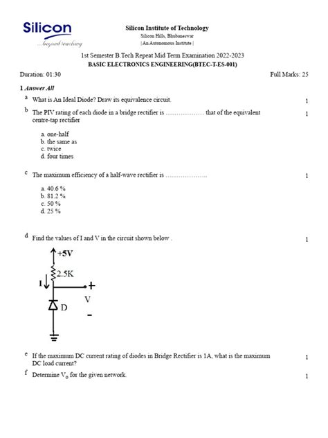 Btech Basic Electronics Exam Paper Pdf Rectifier Diode