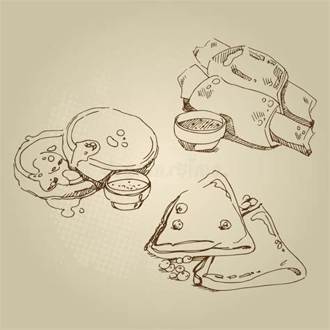 Vector нарисованные рукой блинчики кухни эскиза еды русские национальные традиционные