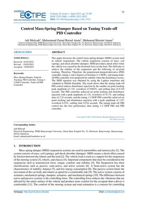 Pdf Control Mass Spring Damper Based On Tuning Trade Off Pid Controller