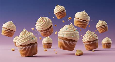 Surreal Levitating Vanilla Cupcakes With Pastel Sprinkles On Gradient