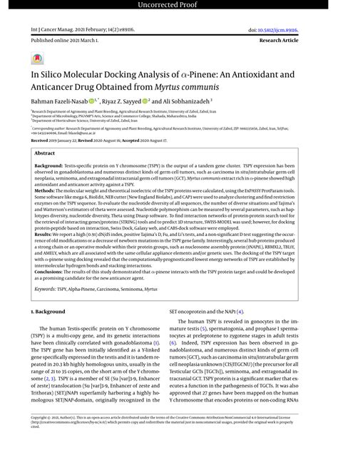 Pdf In Silico Molecular Docking Analysis Of α Pinene An Antioxidant And Anticancer Drug
