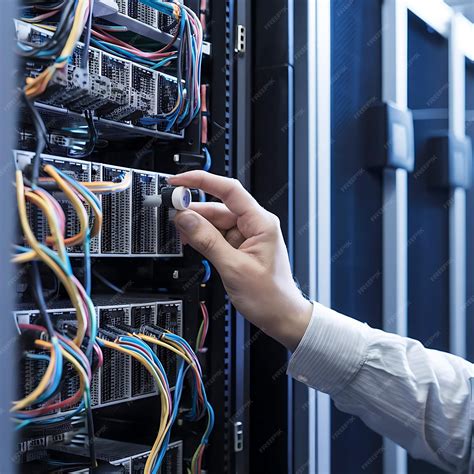 A Technicians Touch Closeup Of Server Rack Wiring And Cooling Systems Premium Ai Generated Image