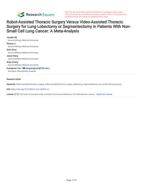 Pdf Robot Assisted Thoracic Surgery Versus Video Assisted Thoracic Surgery For Lung Lobectomy