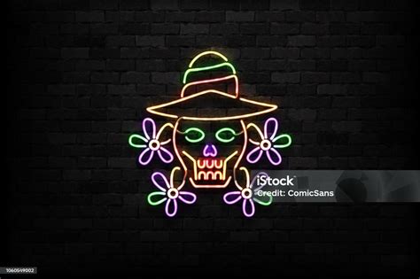 현실적인 벡터 고립 장식과 벽 바탕에 취재에 대 한 디 아 드 안 돼 해골 상징의 네온 사인 멕시코에서 죽음의 행복 한 날의 개념 0명에 대한 스톡 벡터 아트 및 기타