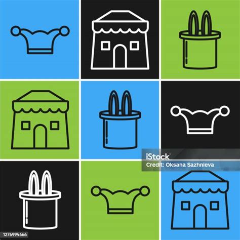 벨 마술사 모자와 토끼 귀와 서커스 텐트 아이콘 세트 라인 제스터 모자 벡터 공연에 대한 스톡 벡터 아트 및 기타 이미지 공연 광대 모자 기 Istock