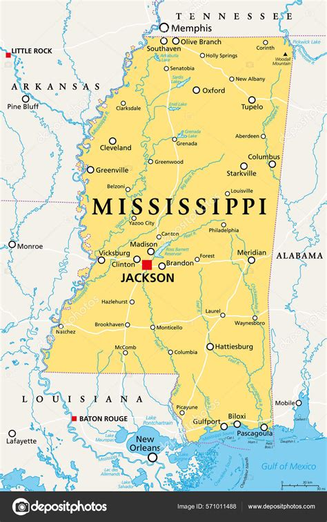 Mississippi Politische Landkarte Mit Der Hauptstadt Jackson Wichtigen