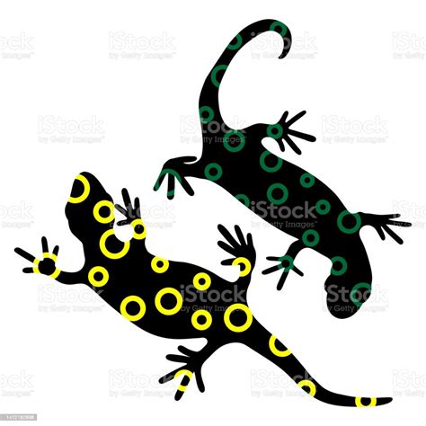 도마뱀 파충류 게코 벡터 일러스트 레이 션의 세트 흰색 배경에 고립 된 간단한 그림 책 스티커 포스터 카드 옷을위한 템플릿 개념에 대한 스톡 벡터 아트 및 기타 이미지